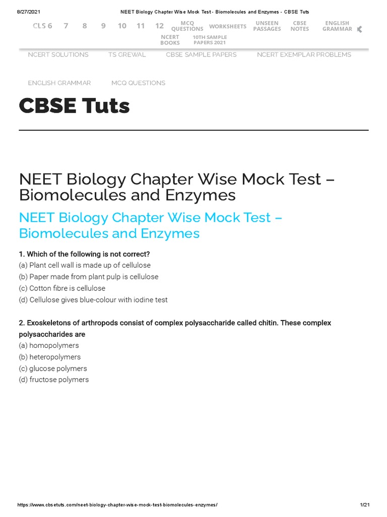 NEET Biology Chapter Wise Mock Test - Biomolecules and Enzymes - CBSE ...