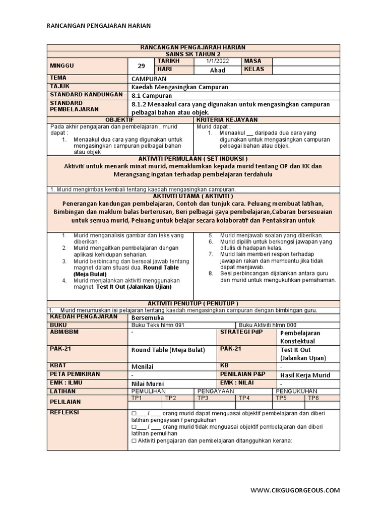 RPH Minggu 29 Sains THN 2 | PDF