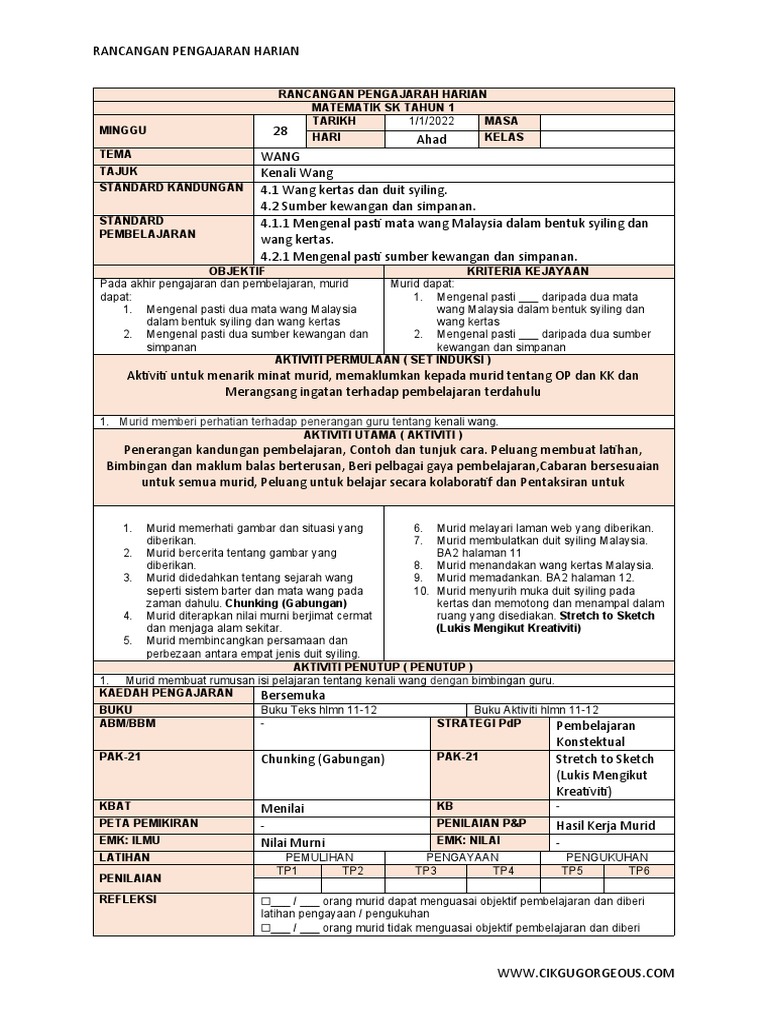 RPH Minggu 28 Matematik THN 1 | PDF