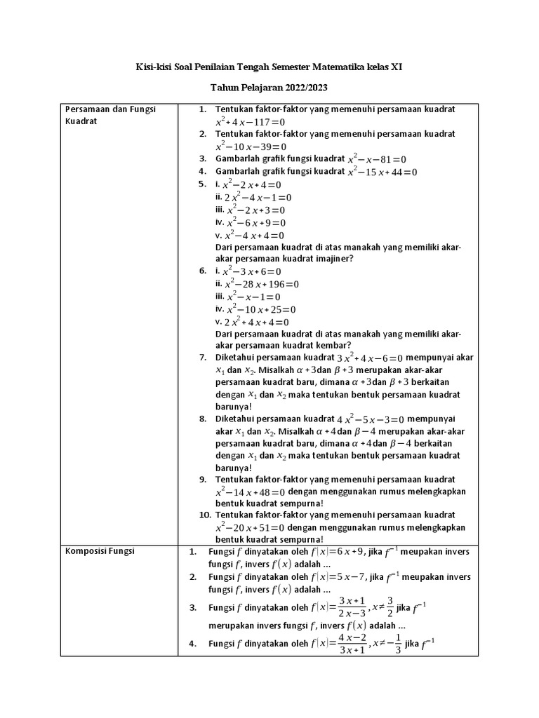 Kisi-Kisi Soal PTS Matematika Kelas XI | PDF