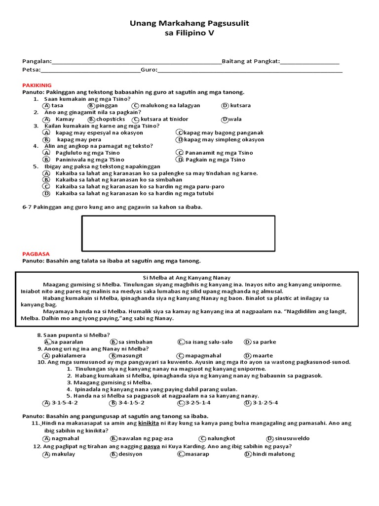 PERIODICAL TEST Filipino 5 QUARTER 1 | PDF