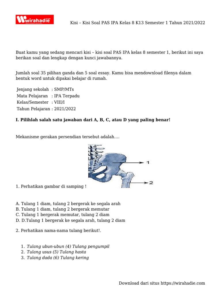 Kisi – Kisi Soal PAS IPA Kelas 8 K13 Semester 1 Tahun 2021 - 2022 | PDF