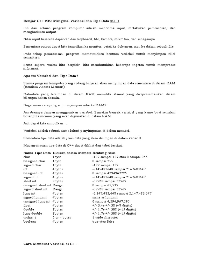 Belajar C++ #05: Mengenal Variabel Dan Tipe Data #C++ | PDF