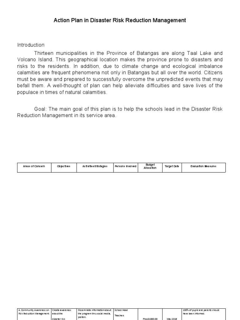 Action Plan in Disaster Risk Reduction Management | PDF | Disaster Risk ...