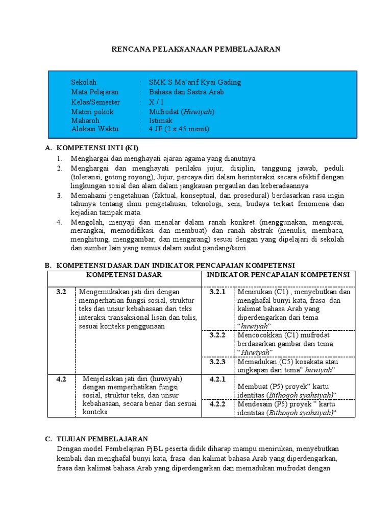 RPP Huwiyah PJBL AKSI 1 Dan 2 | PDF | Karier & Perkembangan | Seni