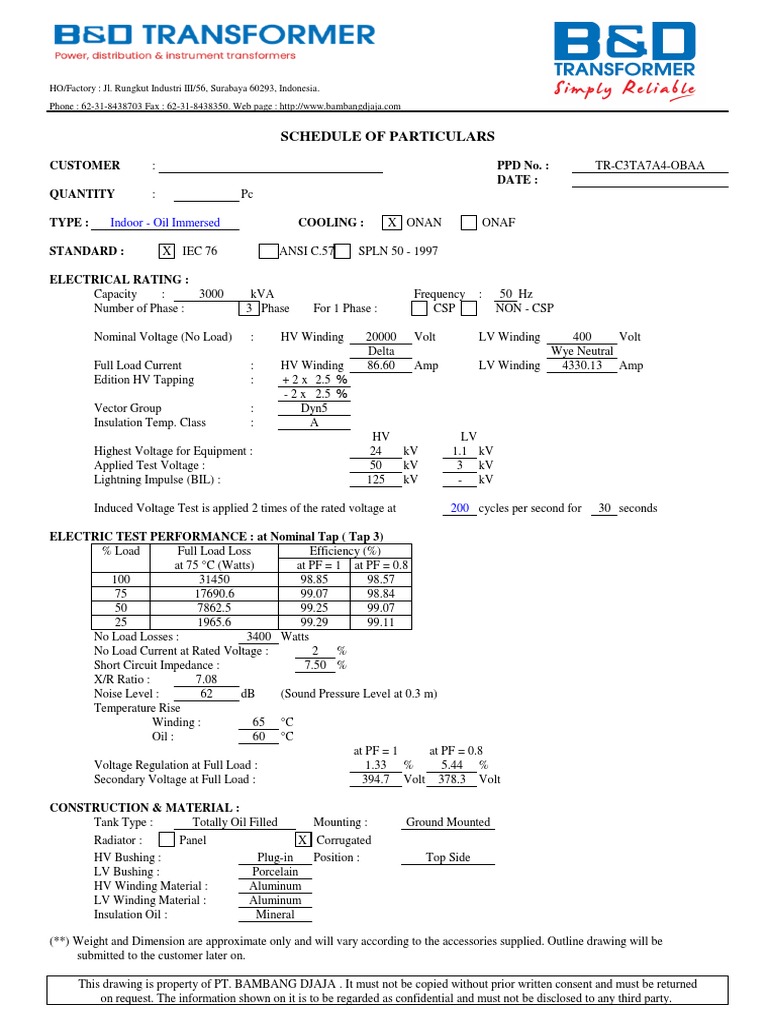 Approval Drawing 3000kVA 20kV 400V Dyn5 Indoor AL | PDF | Transformer ...