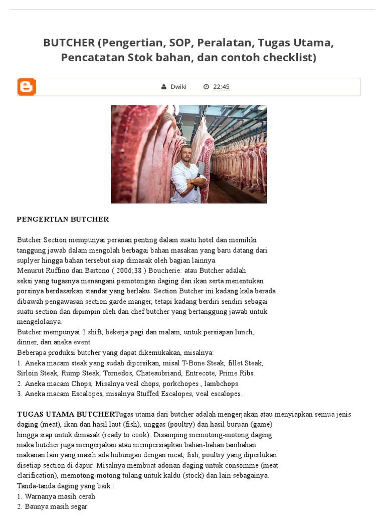 BUTCHER (Pengertian, SOP, Peralatan, Tugas Utama, Pencatatan Stok Bahan, Dan Contoh Checklist ...