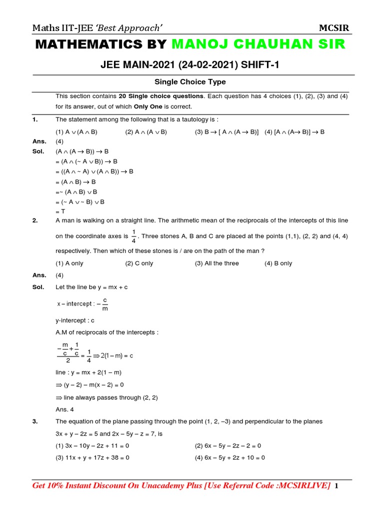 Jee Main 2021 PYQ | PDF | Plane (Geometry) | Tangent