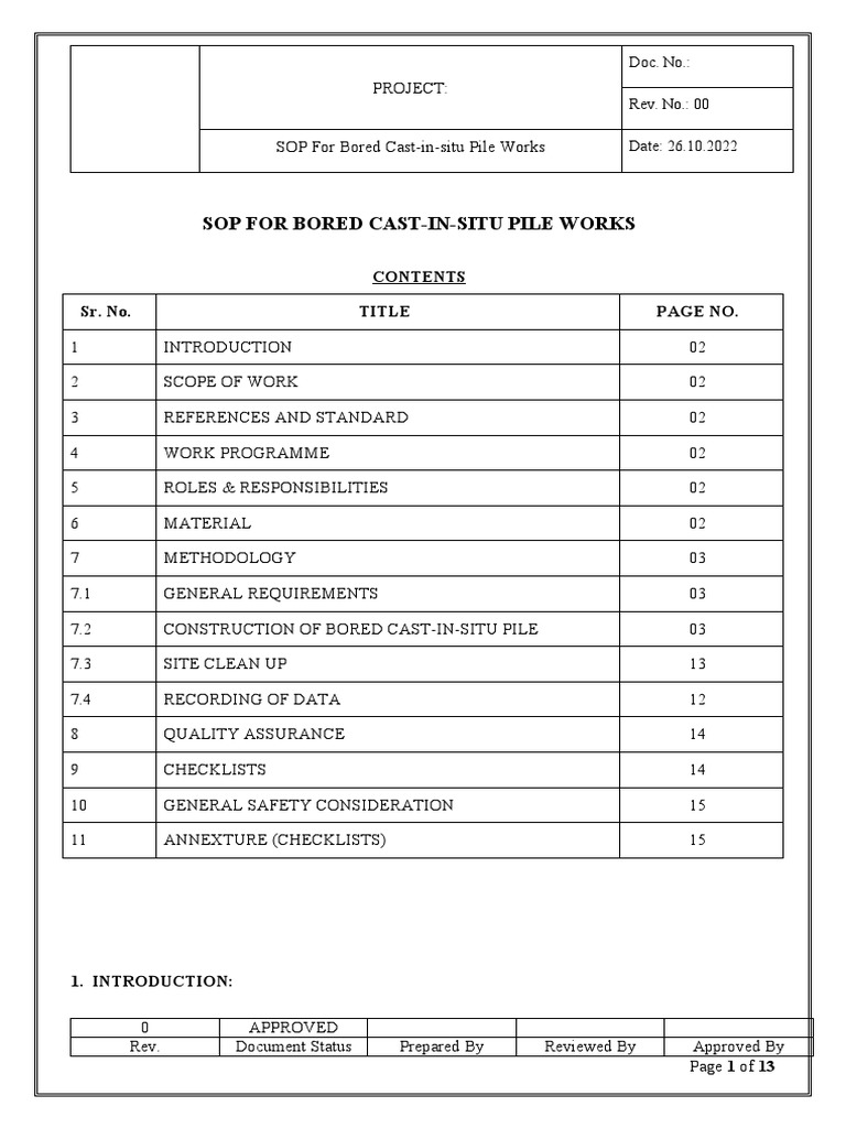 SOP FOR Bored Cast in Situ Pile Work | PDF | Deep Foundation | Concrete