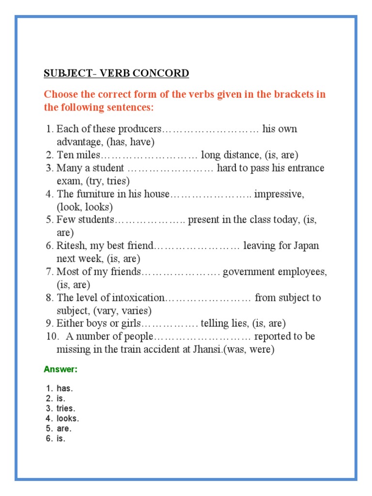 Exercise Subject Verb Concord - Answers | PDF