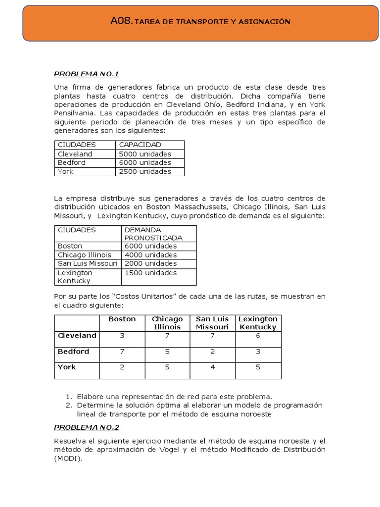 A08 Tarea de Transporte y Asignacion | PDF