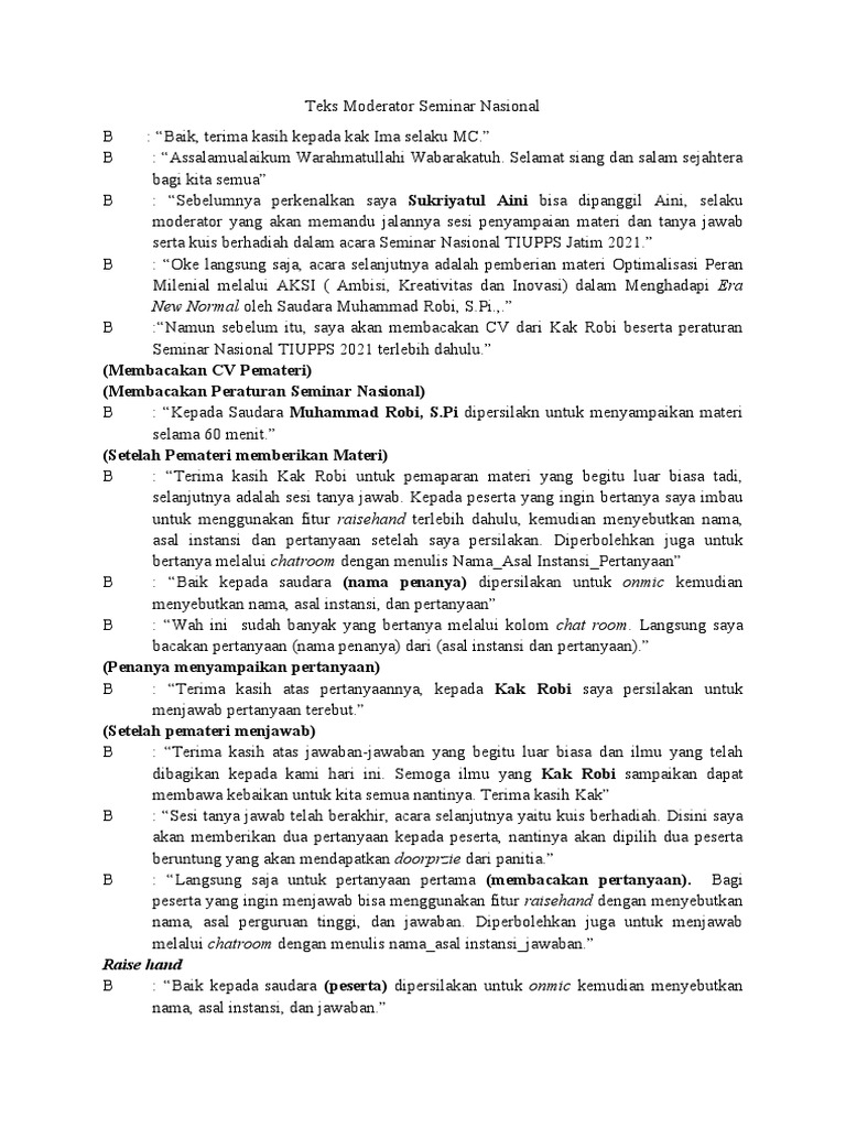 ACARA - Teks Moderator Seminar Nasional | PDF