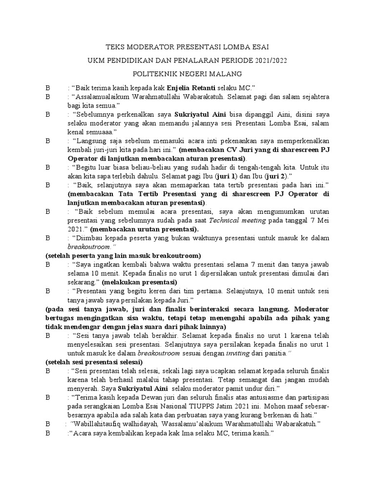 Acara - Teks Moderator Presentasi Lomba Esai | PDF