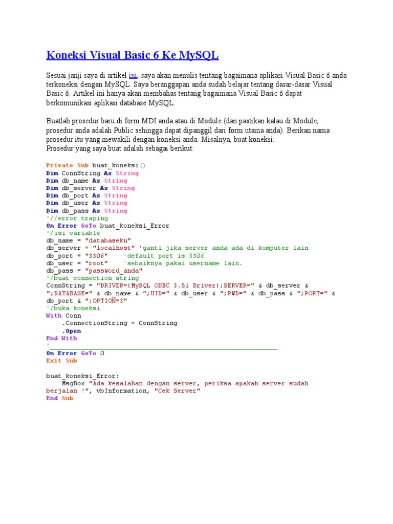 Koneksi Visual Basic 6 Ke MySQL | PDF