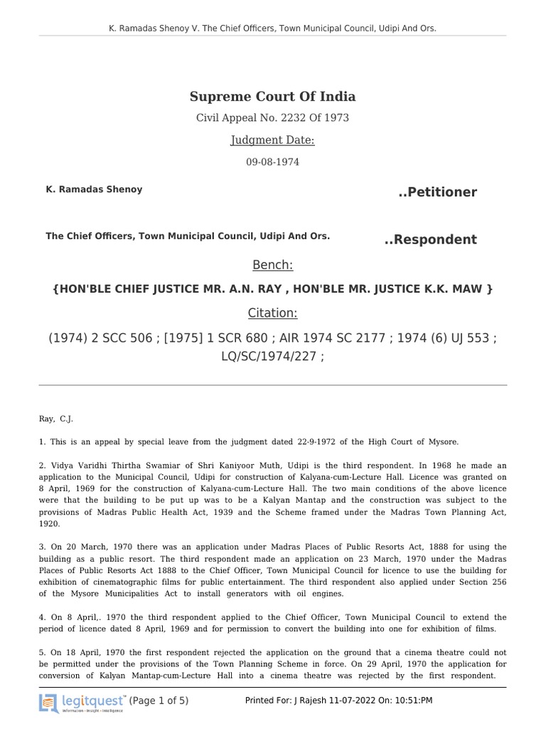 Ramadas Shenoy vs. Udipi Council Appeal | PDF | Appeal | Tort