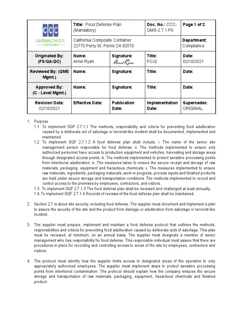 Food Defense Plan Summary | PDF | Foods | Packaging And Labeling
