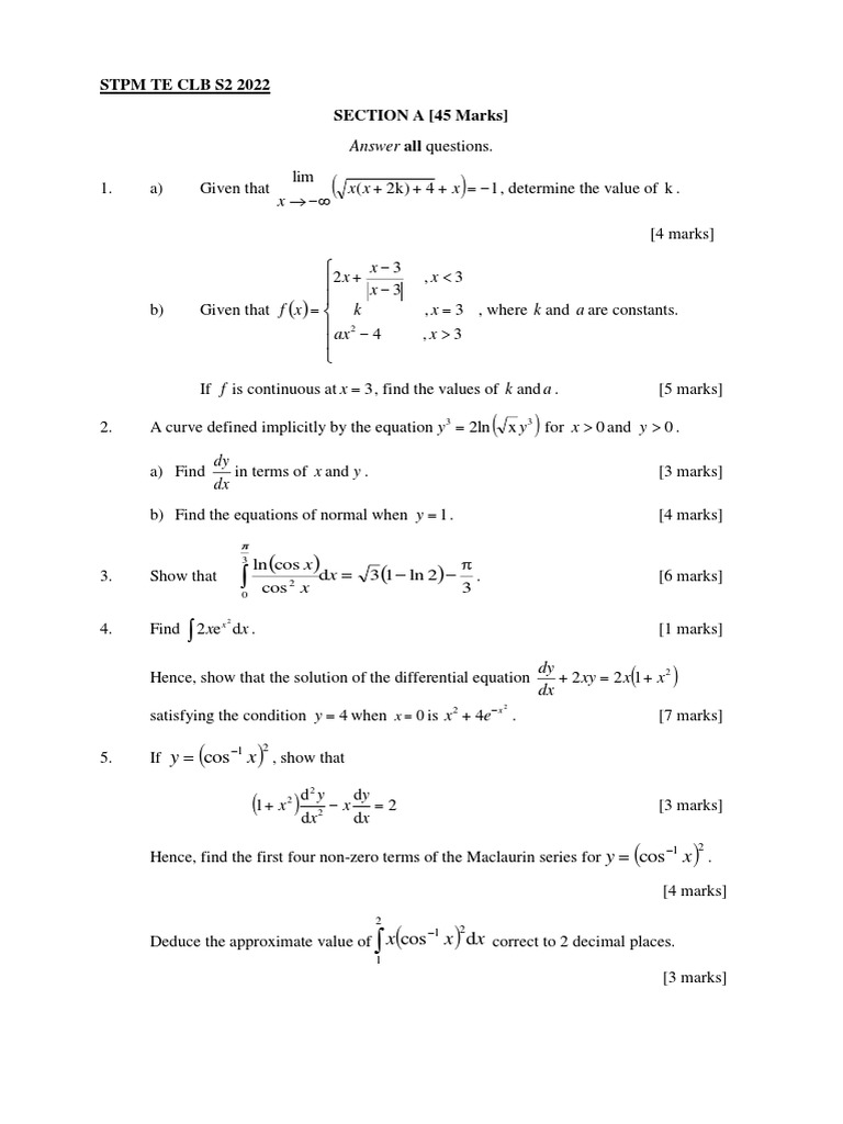 Calculus Exam Questions | PDF | Equations | Cartesian Coordinate System