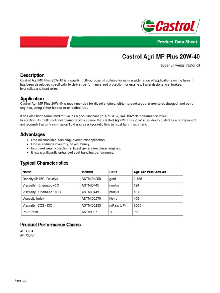 Castrol Agri MP Plus 20W-40 | PDF | Lubricant | Diesel Engine