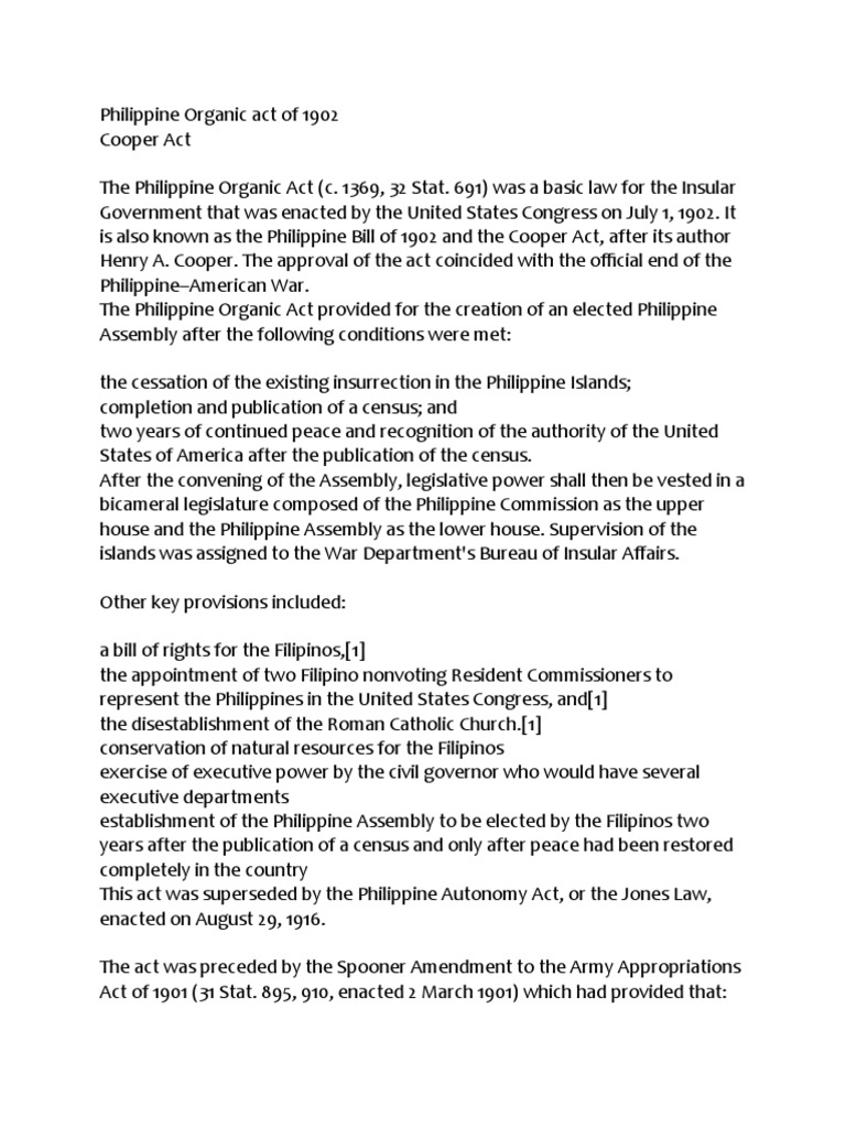 Philippine Organic Act of 1902 Overview | PDF | Governance | Legal ...