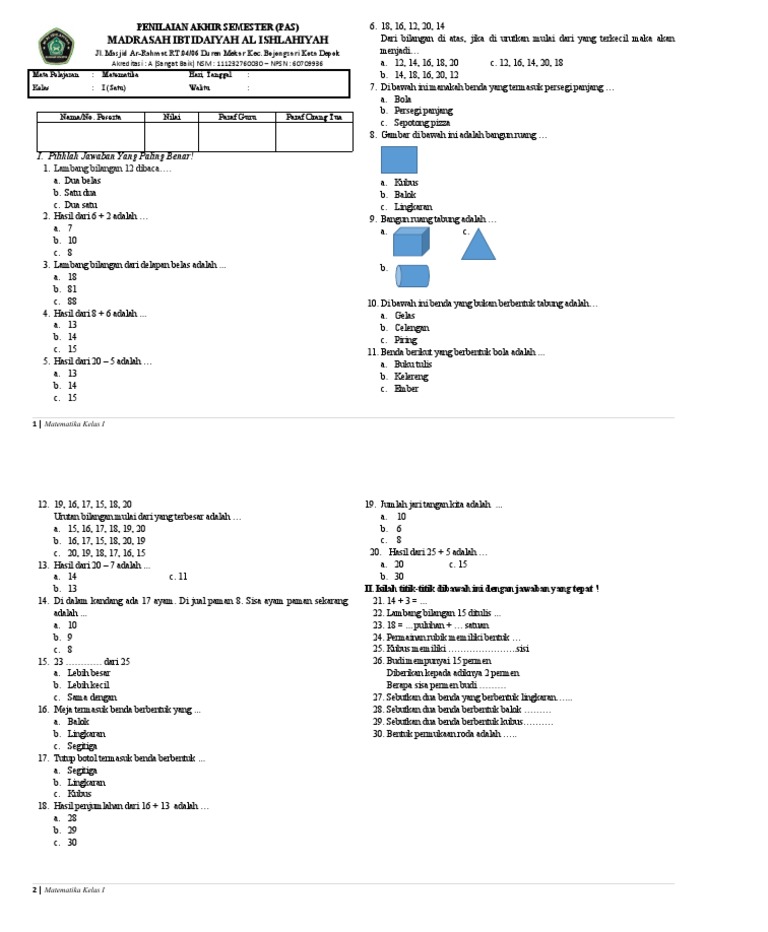PAS MTK Kelas 1 | PDF