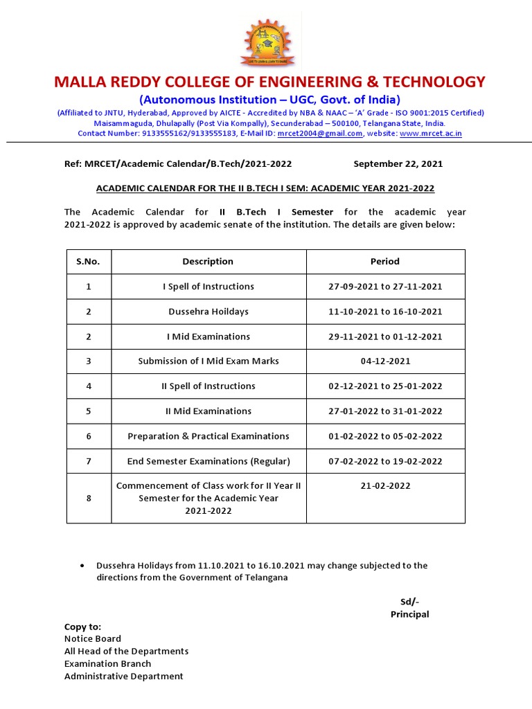B.Tech II Year I SEM ACADEMIC CALENDAR 2021-2022 | PDF