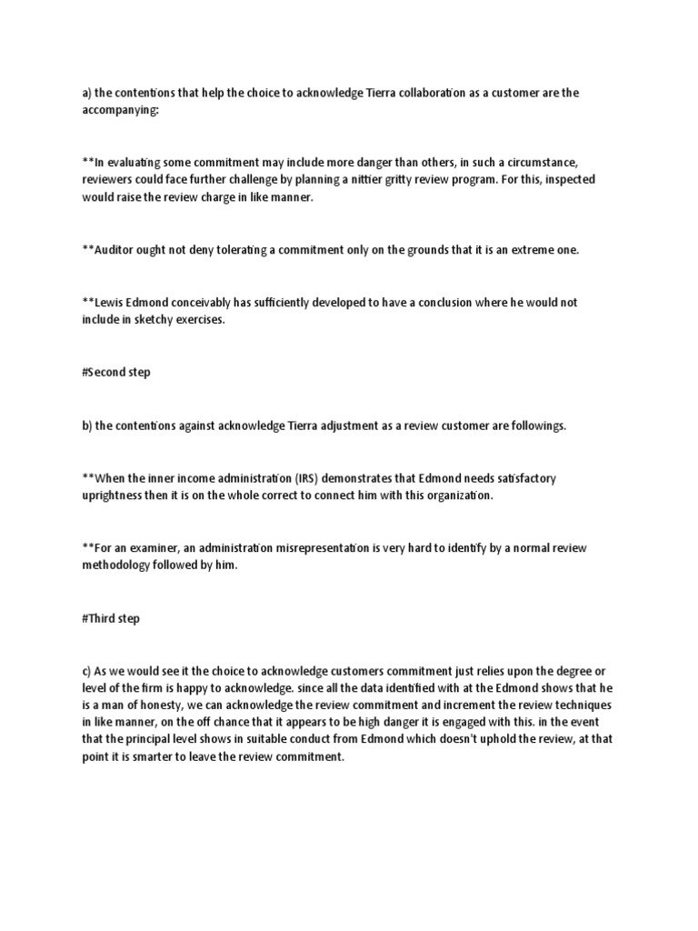 Arguments for accepting Tierra Corporation as an audit client despite ...