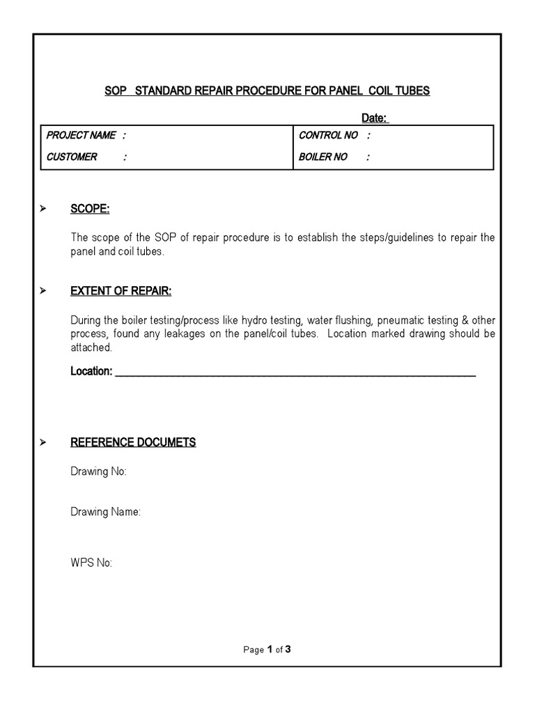 Sop Panel Coil Tubes Standard Repair Procedure | PDF | Welding ...