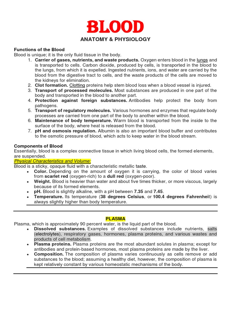 Blood Anatomy Physiology Handouts | PDF | Blood Type | White Blood Cell