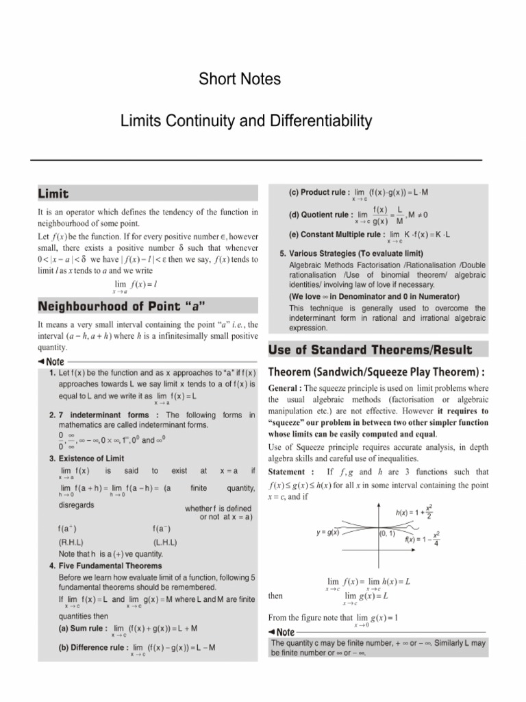 Limits Continuity And Differentiability Short Notes Pdf