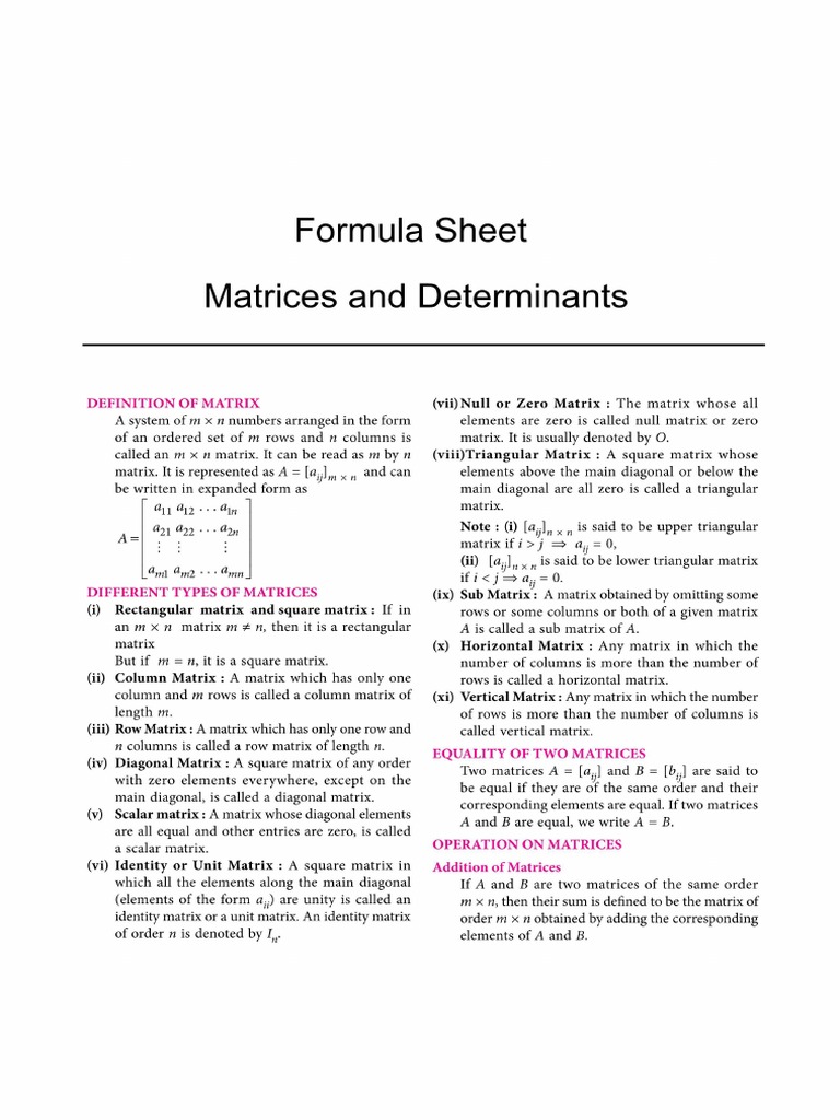 Matrices and Determinant Short Notes | PDF