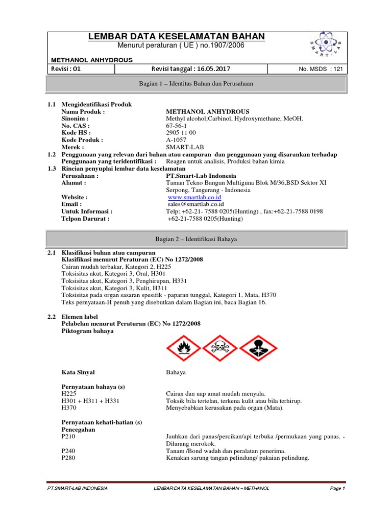 Msds Methanol Anhydrous 1 2 | PDF