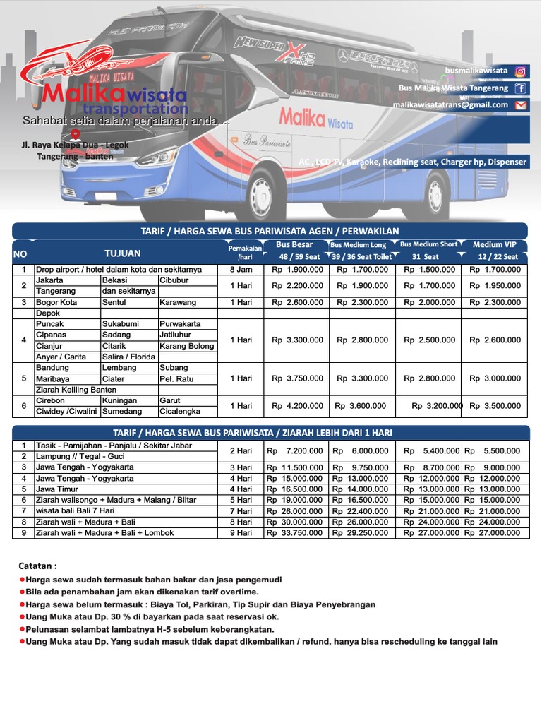 Daftar Harga Bis Malika Wisata Revisi 2022 Agen Perwakilan | PDF