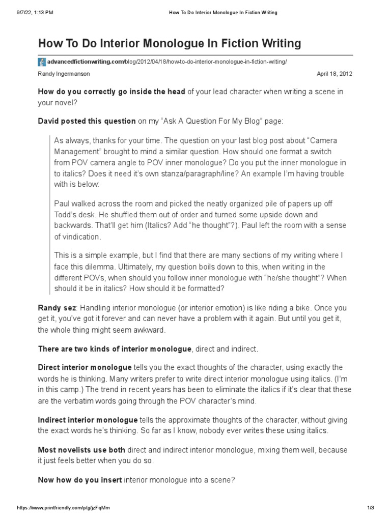 How To Do Interior Monologue in Fiction Writing | PDF | Narration | Thought