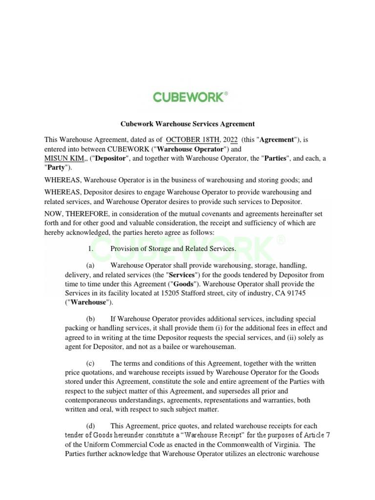 Cubework Warehouse Services Agreement Summary | PDF | Indemnity | Legal Liability