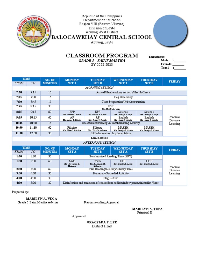 Grade 5 Class Schedule SY 2022-2023 | PDF
