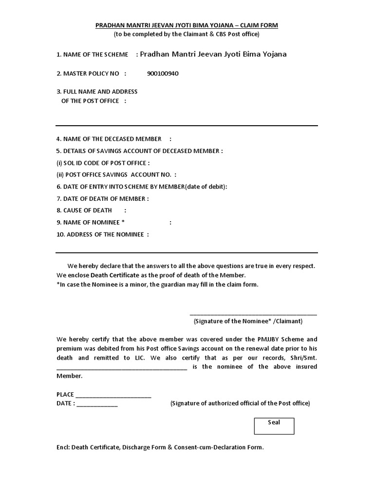 PMJJBY Claim Form and SOP For Claim Settlment | PDF | Cheque | United ...