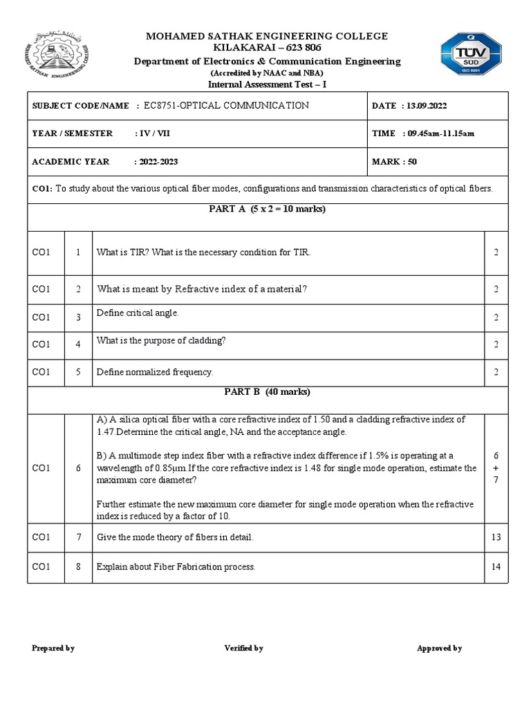 Unit Test 1 Optical | PDF | Optical Fiber | Applied And ...