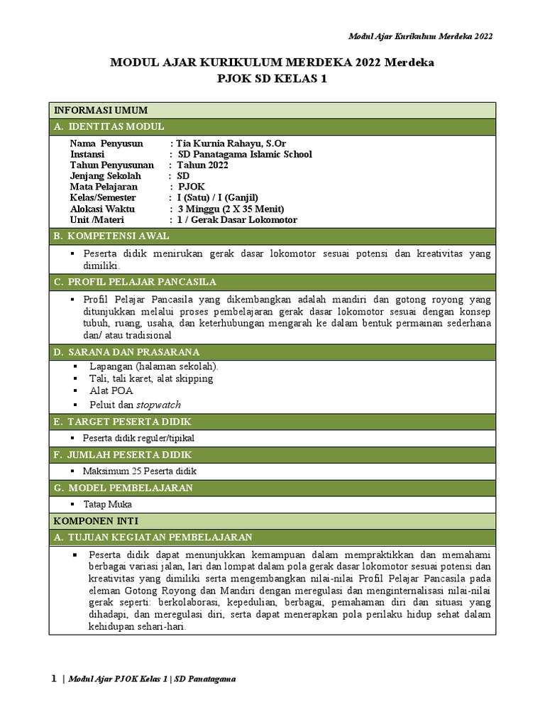 MODUL AJAR PJOK KELAS 1 (Bab 1) | PDF