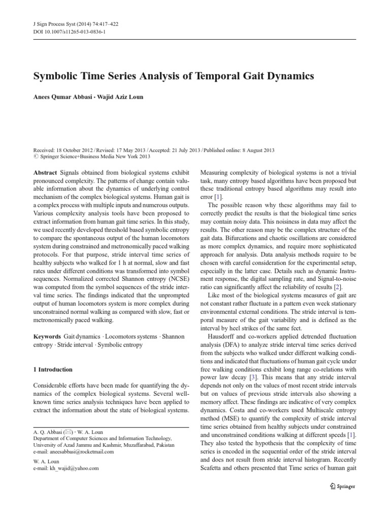 Symbolic Time Series Analysis Of Temporal Gait Dynamics Pdf Time Series Complexity