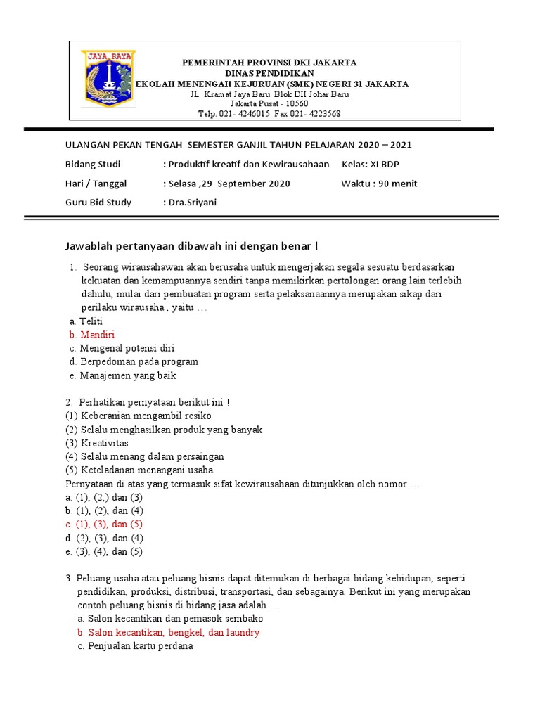 SOAL PTS Ganjil PKWU KLs XI. 2020 | PDF