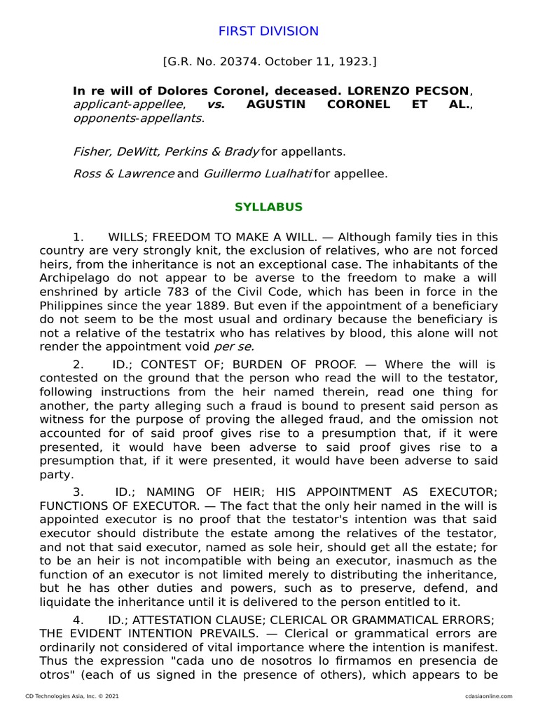 Pecson vs. Coronel, 45 Phil. 216 | PDF | Will And Testament | Witness