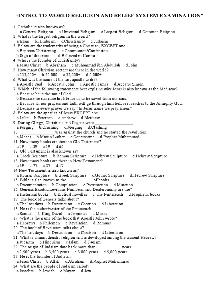 World Religion Exam - 121459 | PDF | Bible | Creator Deity