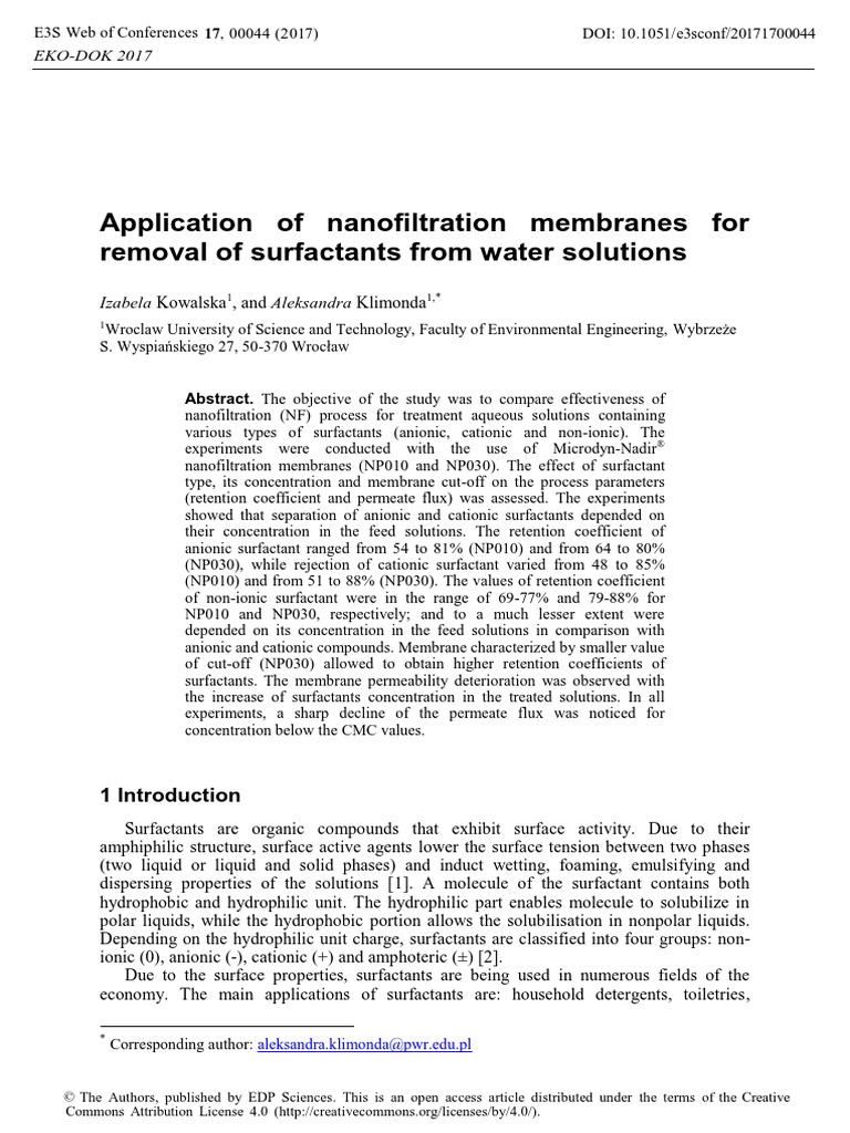 Application of Nanofiltration Membranes For Remova | PDF | Surfactant ...