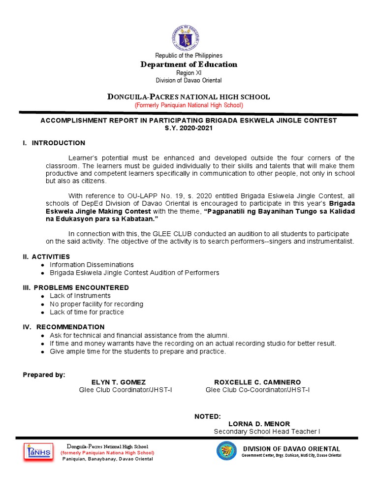 Donguila-Pacres Jingle Contest Report | PDF | Education Theory ...