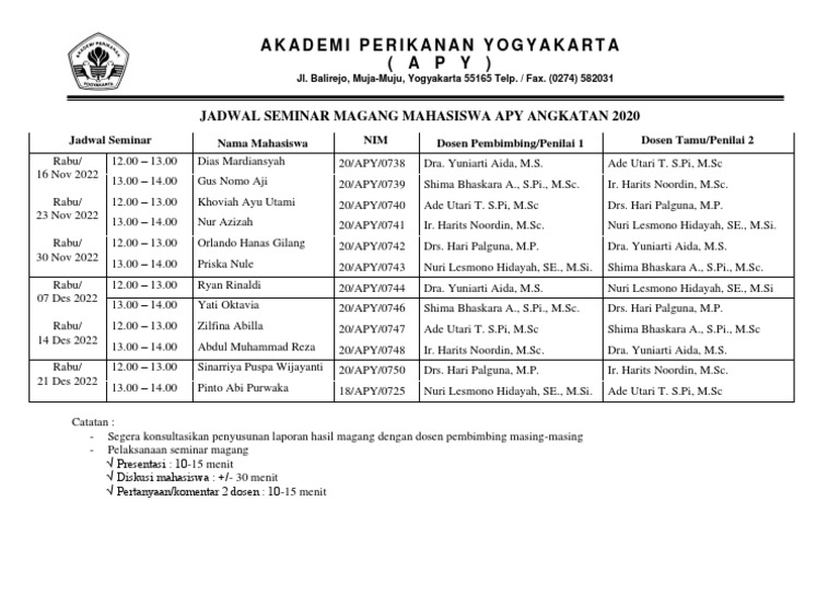 Jadwal Seminar Magang APY 2022 | PDF