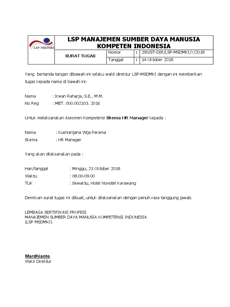 Surat Tugas Novotel KRWG | PDF