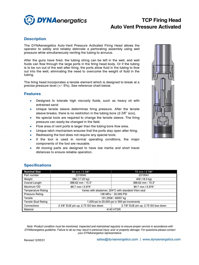 2222 TCP Firing Head Auto Vent Pressure Activated 120531 | PDF | Pipe ...