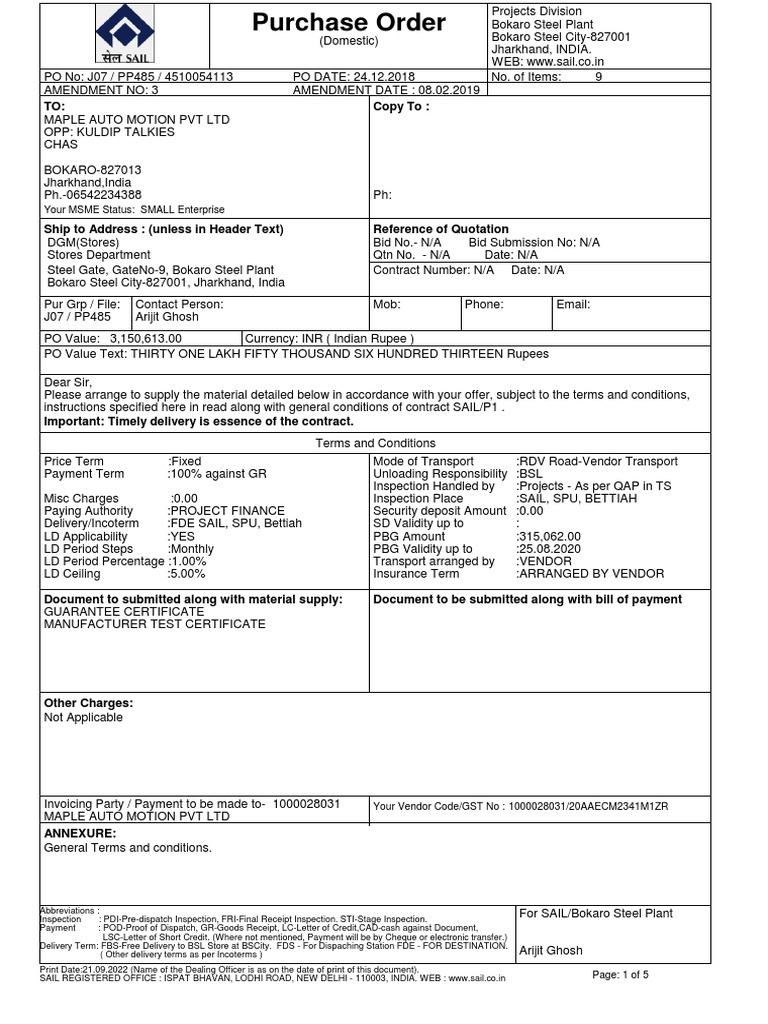 Amendment 3: Bokaro Steel Purchase Order | PDF | Taxes | Invoice