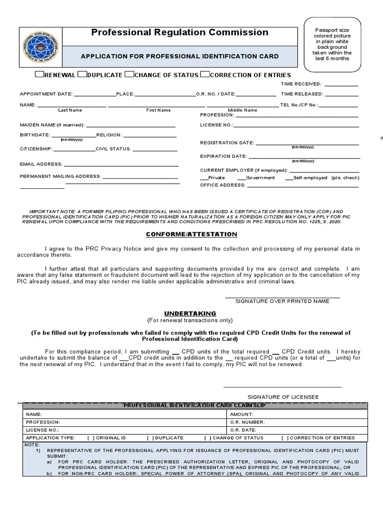 PRD-20 Rev 01 Application For Professional ID Card | PDF | Identity Document | Access Control