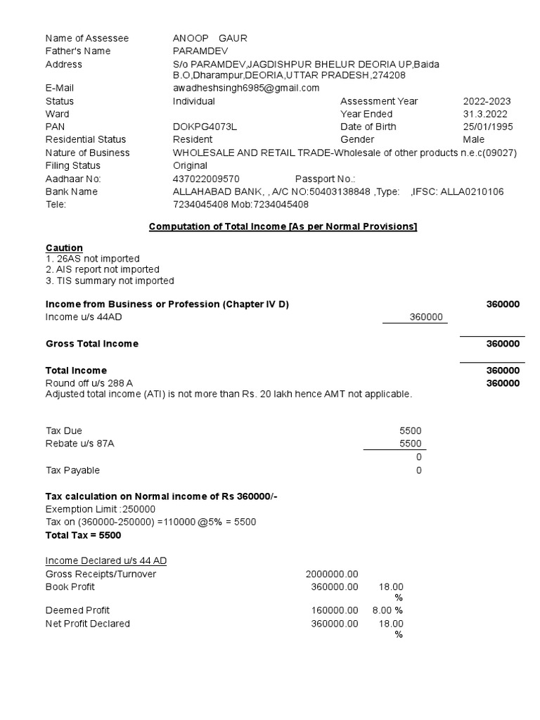 Income Tax Assessment for Anoop Gaur 2022 | PDF | Loans | Taxes
